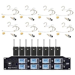 Bolymic 8800 Church Wireless System 8 x 100 Channels UHF Mic Professional Beige Headset Wireless Condenser Microphone for School Stage Theater