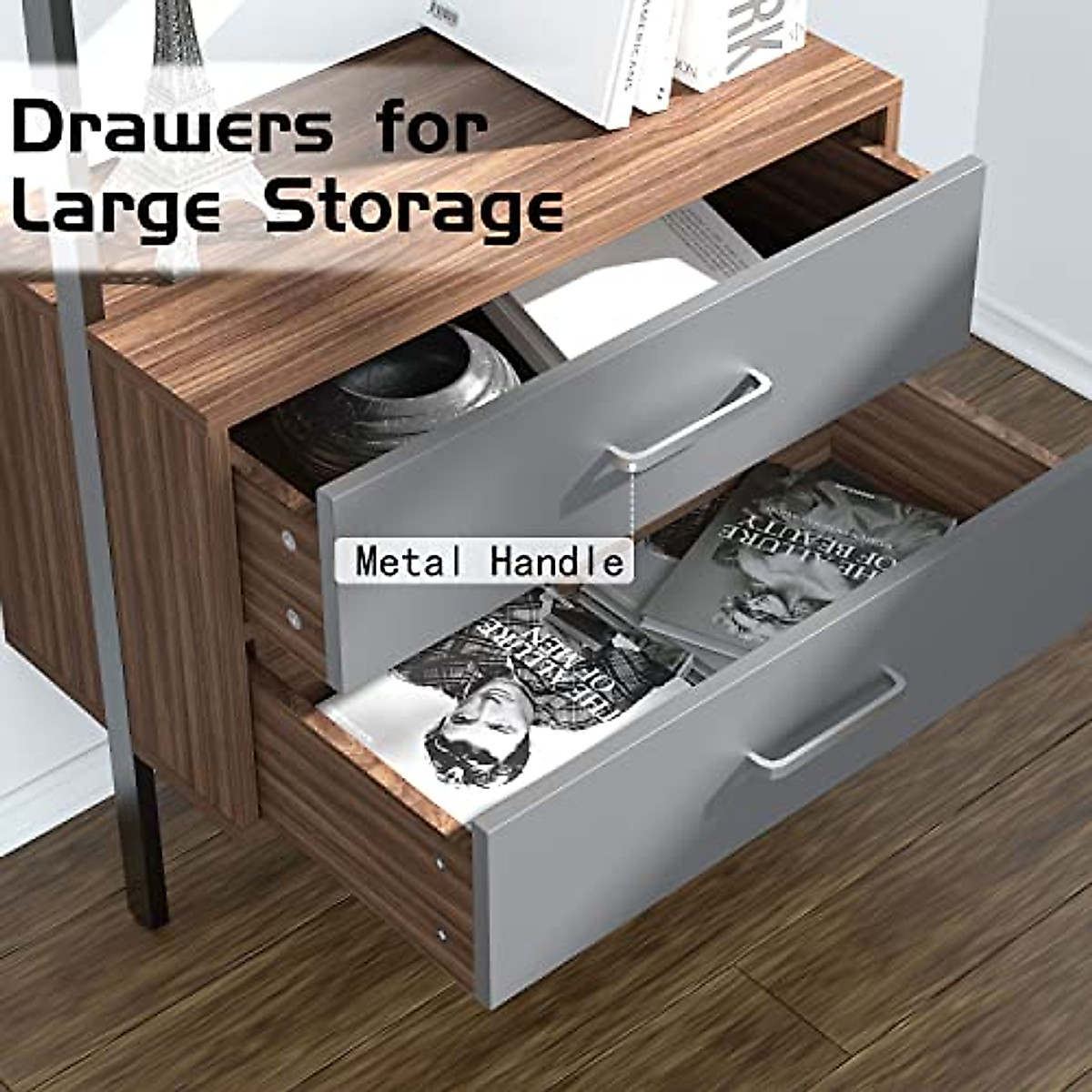 DREAMODERN Modern Bookshelf with Drawers, 4-Tier Open Bookcase Tall Wall Mount Ladder with Steel Frame -Brown