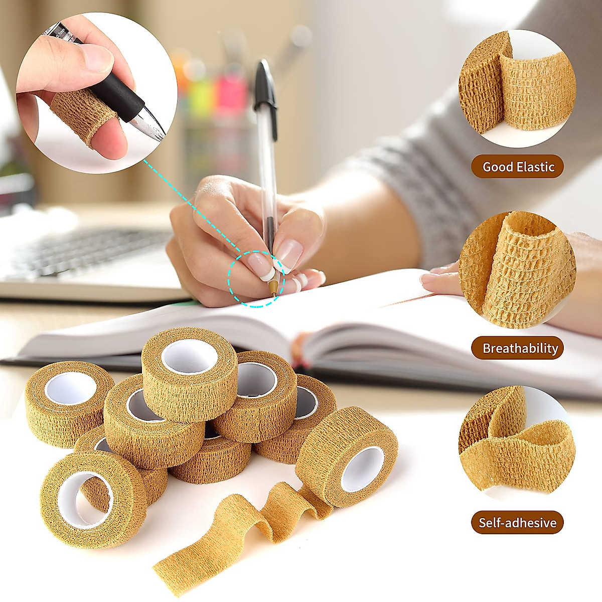 sansheng 1Inch Self Adherent Cohesive Wrap Bandages,Brown Athletic Tape for Wrist, Ankle, Hand, etc(12 Pack)