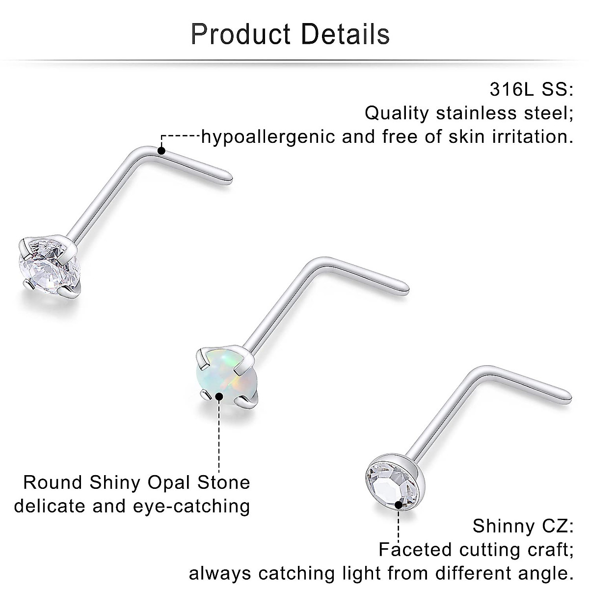 Cisyozi 22G Nose Rings Studs for Women Men Stainless Surgical Steel Silver L Shaped Bent Nose Nostril Rings Stud Set Piercing Jewelry for Women Men 1.5mm Diamond CZ Opal