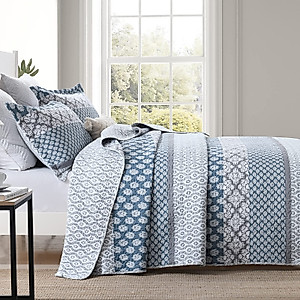 PERHOM Blue Quilt Queen Size - Queen Quilt Set, 100% Long-Staple Cotton Floral Quilt Bedding Set Bedspreads, Patchwork Reversible Lightweight Comforter Bed Spread for All Season, Blue/Gray, 3 Pieces