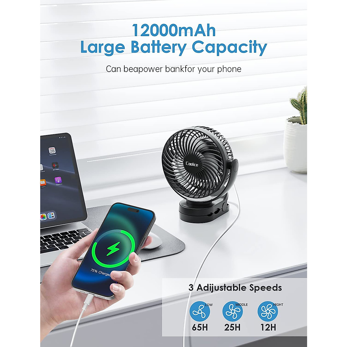 Camping Fan with Remote Control - 65Hrs 12000mAh Rechargeable Fan, 3 Speeds & Timing Battery Powered Fan with Light & Hook, Camp Fan for Tent, Battery Operated Fan for Camping, Black