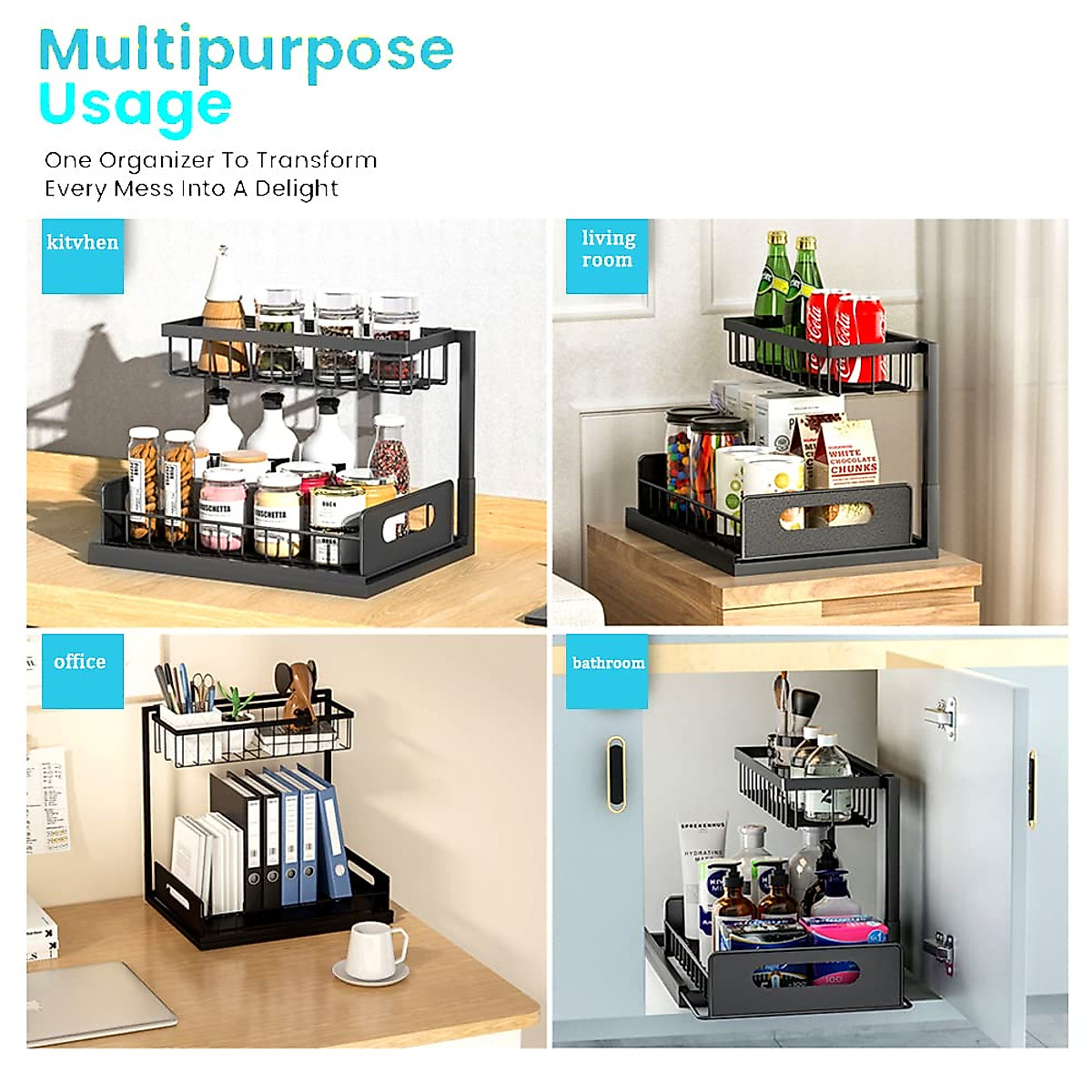 Under sink organizer, Furihshe kitchen storage pull out double shelf drawer 2-Tier Slide Out Sliding Shelf Under Cabinet Storage Multi-Use for Under kitchen sink organizers and storage, Black