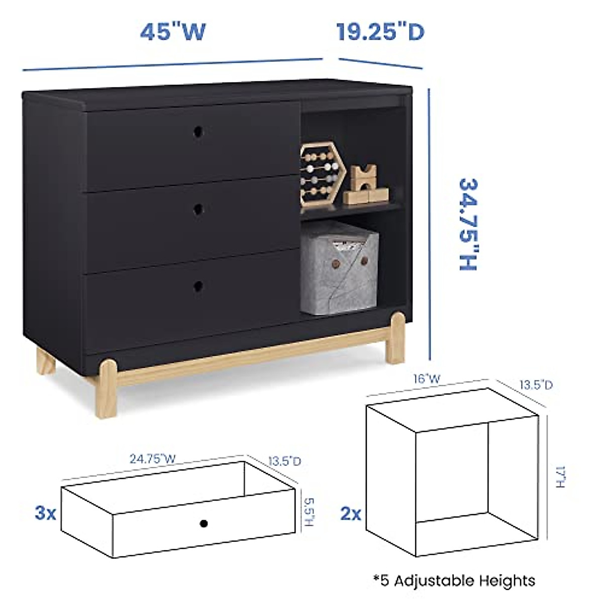 Delta Children Poppy 3 Drawer Dresser with Cubbies, Midnight Grey/Natural