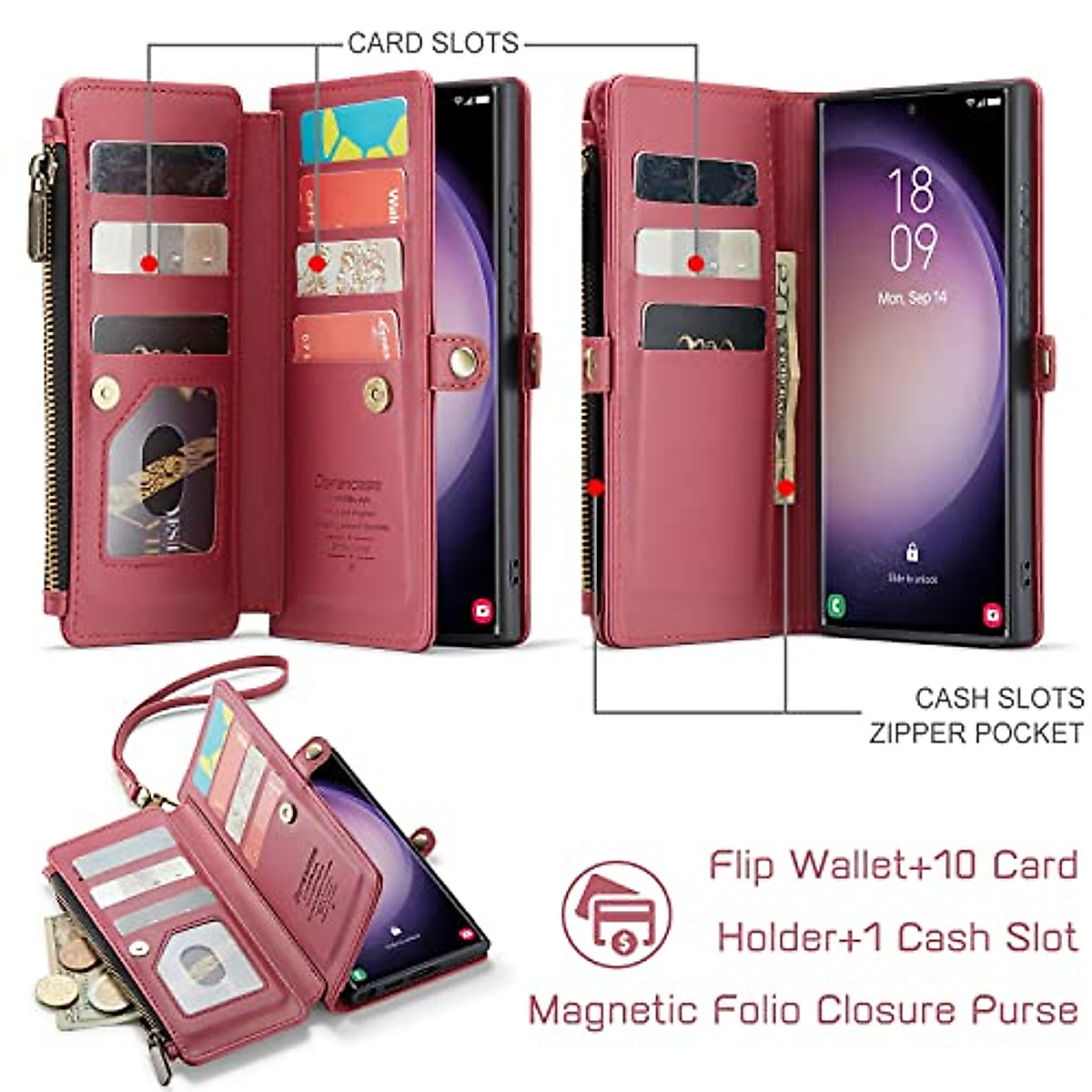 Defencase Compatible with Samsung Galaxy S23 Plus Case Wallet with Card Holder for Women Men, PU Leather Magnetic Snap Flip Zipper Strap Phone Case Fit for Galaxy S23 Plus 5G 6.6", Rose Red