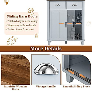 LOKO 67” Kitchen Pantry Storage Cabinet, Freestanding Buffet Sideboard with 3 Open Shelves, Microwave Countertop, 2 Pull-Out Drawers & Sliding Door Cabinet, Kitchen Hutch for Dining Room (Grey)