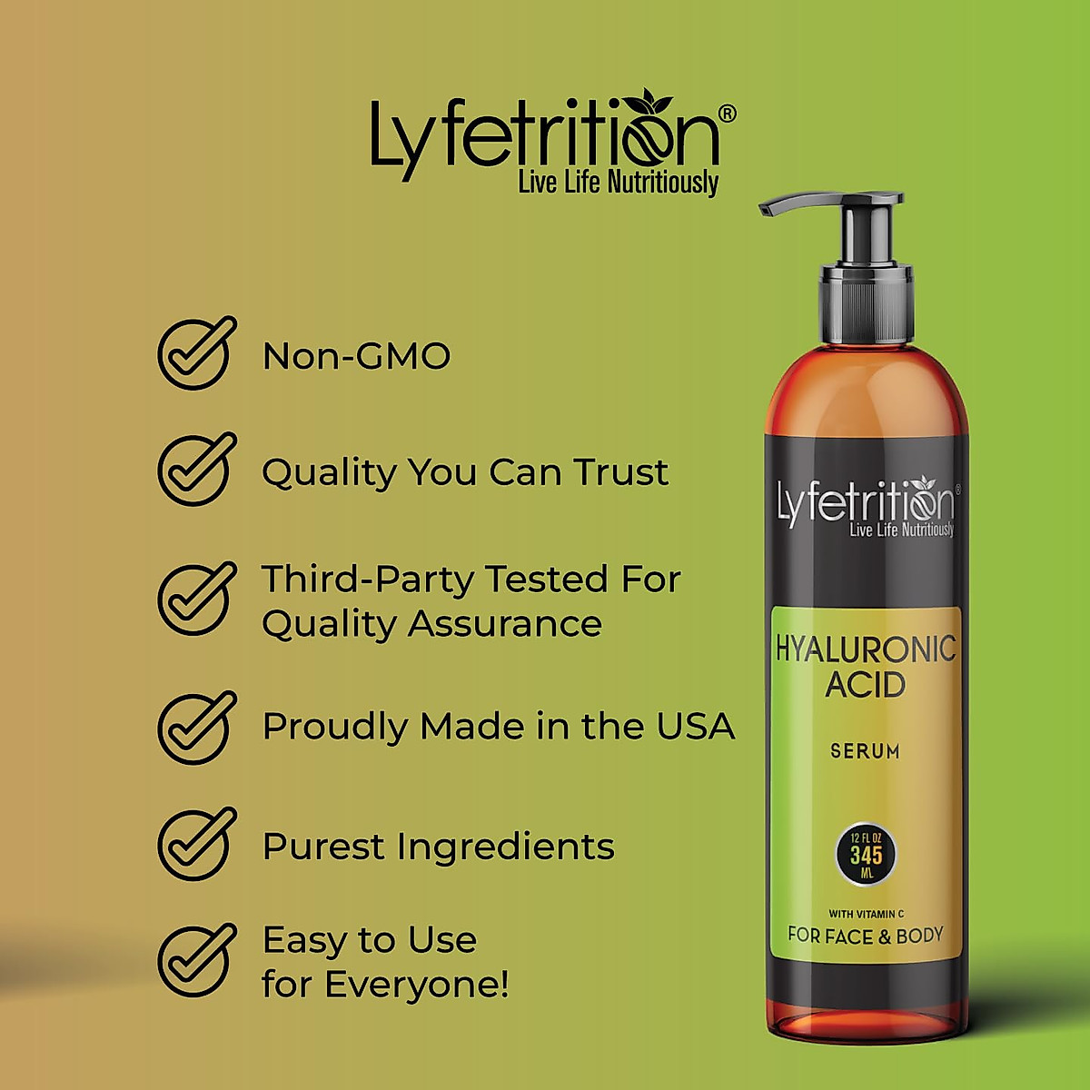 Lyfetrition Hyaluronic Acid Serum for Skin, Moisturizing and Hydrating Serum for All Types of Skin, 100% Natural Face Serum with Vitamin C & Aloe Vera (12 Fl Oz), Clear Serum, (Lyfe7581)