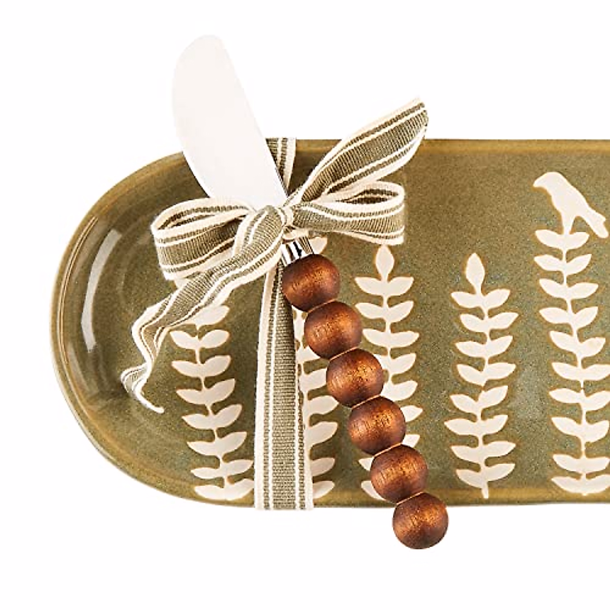 Mud Pie Painted Leaf Everything Dish Set, Green, dish 4" x 9 1/4" | spreader 6"