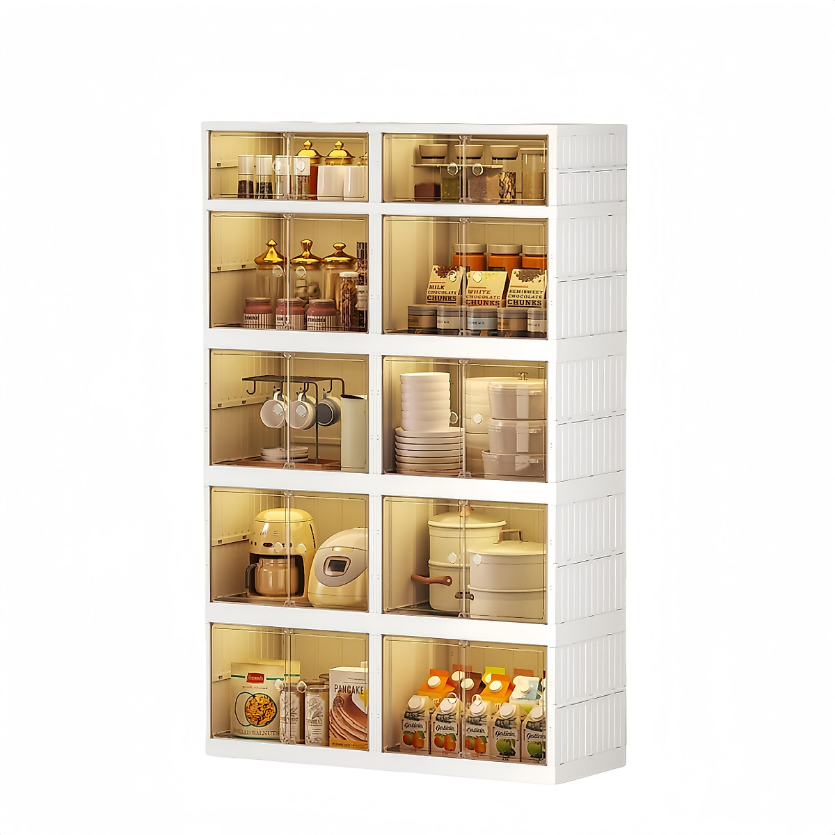 EHAMILY Pantry Cabinet Plastic Foldable with Doors Clear Collapsible Storage Cabinet with Wheels Large Folding Stackable Closet Storage 5-Tier 10Grids Easy Assemble