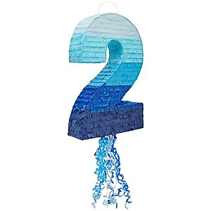 BLUE PANDA Number 2 Pinata - Pull String Pinata for Boys 2nd Birthday Party Decorations, Ombre Blue (16.5 x 11.5 x 3 In)
