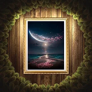 Clendo Moon Diamond Painting Kits for Adults，Moon with Flowers Diamond Art Kits Full Drill Crystal Rhinestone Diamond Embroidery Craft Kits for Home Wall Decor Inch12X16