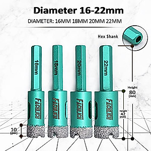 FACHLICH Dry Diamond Drill Bits,Diameter 5/6"(22mm) with Hex Shank Connection for Granite Marble Tile Porcelain Ceramic Hard Materials