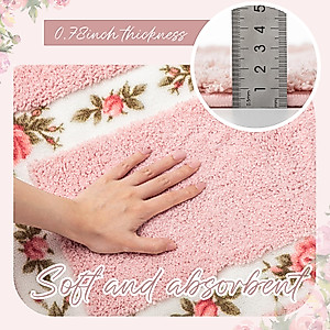 3 Pcs Rose Flowers Coquette Bathroom Rugs Set Coquette Rug Bathroom Bedroom Living Room Carpet, Floral Flower Rugs for Bedroom Non Skid Absorbent Romantic Rose Flower Area Rugs 3 Shapes(Pink)