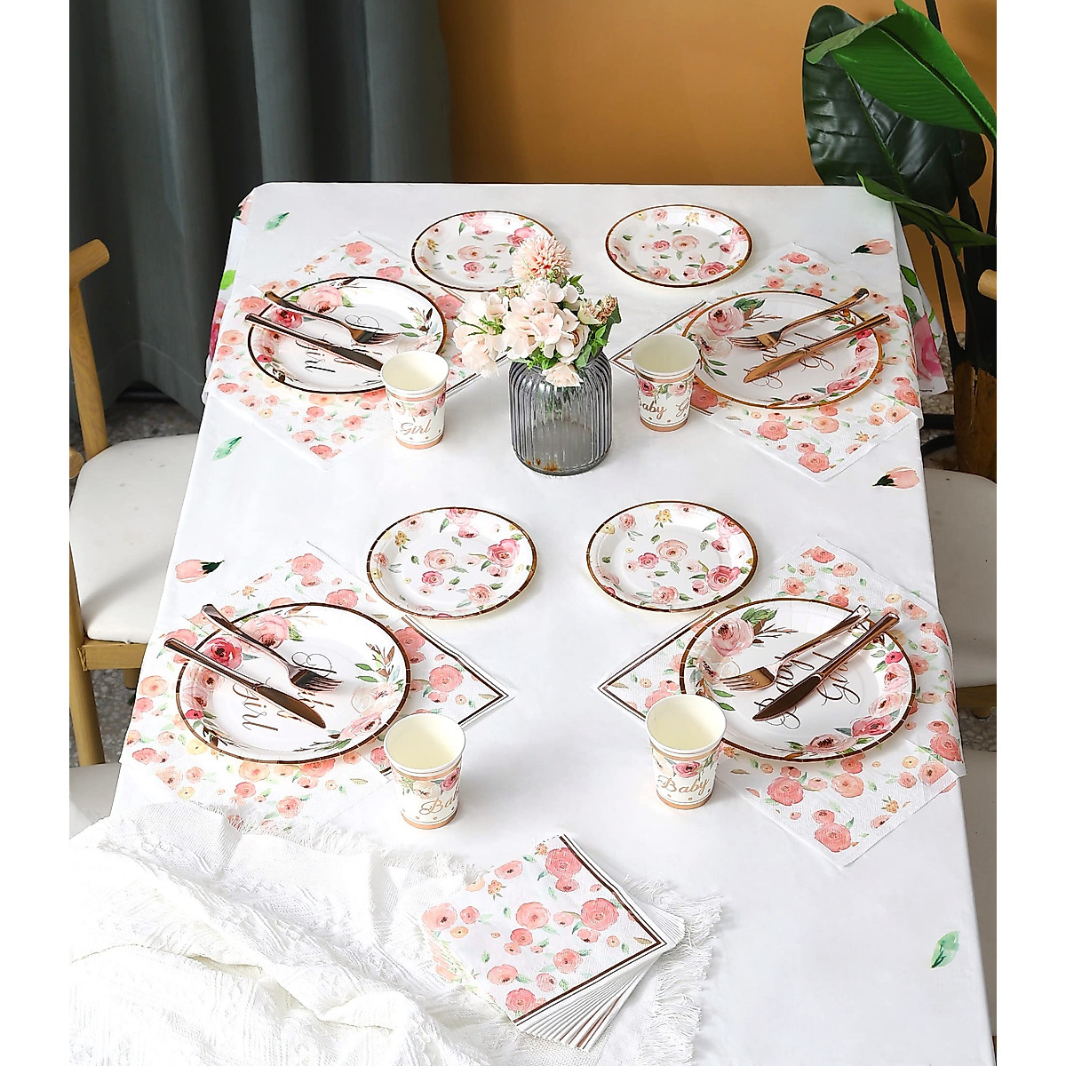 Rose Gold Baby Shower Plates and Napkins Girl - Serves 16 - Includes Baby Girl Plates Cups Napkins Knifes Forks Floral Baby Shower Decorations for Girl Baby Shower Favor Decor Party Supplies