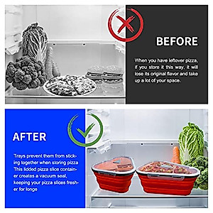 Queceuy Reusable expandable pizza storage container with 5 microwaveable heating trays, adjustable silicone pizza box, space saving and leftover pizza slice container, microwave and dishwasher safe.