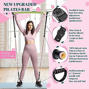 COFOF Pilates Bar Kit with Resistance Bands, Multifunctional Yoga Heavy-Duty Metal Adjustment Buckle, Portable Home Gym for Women Full Body Workouts(20-150LBS)-Forest
