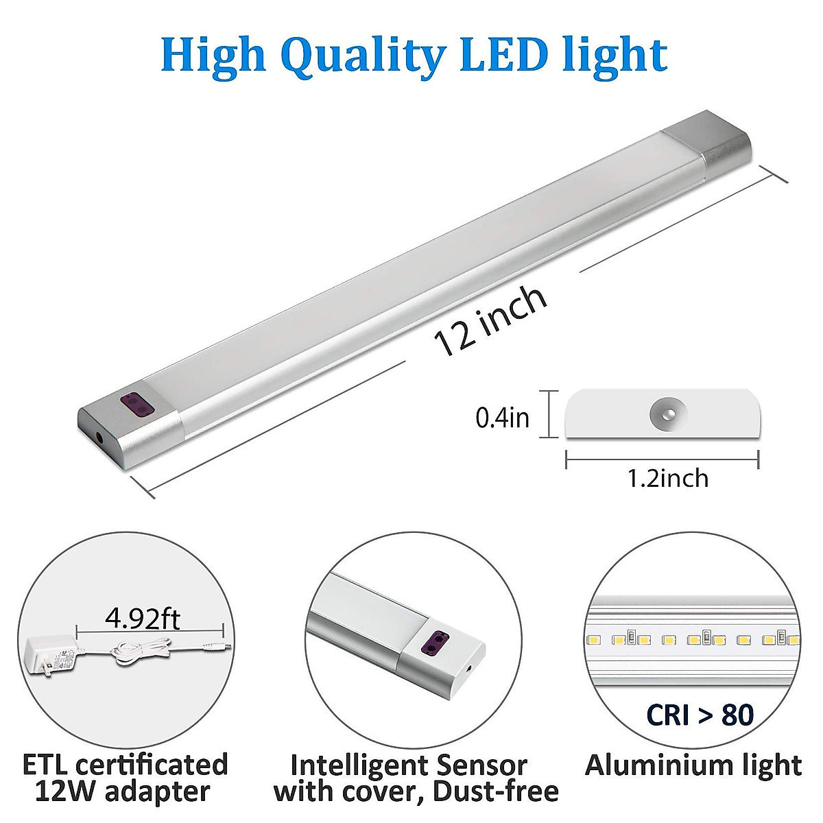 WOBANE Under Cabinet Lighting, Plug in LED Light Bar with ETL Adapter, Hand Wave Activated, 12” Cabinet Light Kit for Kitchen,Shelf,Bookcase,Display,Counter, 2700K Warm White,Dimmable,1 Panel