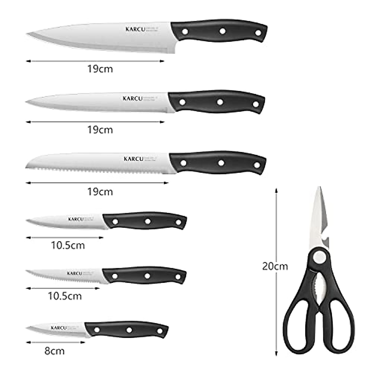 Knife Block Set, Karcu 13-Piece Kitchen Knife Block Set, High-Carbon Stainless Steel Blades with Pine Wood Knife Block