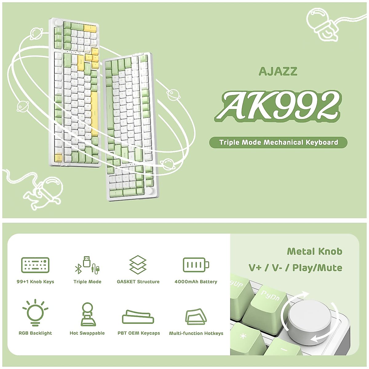A.JAZZ AK992 99Keys Hot Swappable,Bluetooth/2.4G/Wired,Gasket Mount,RGB Backlight,Mechanical PC Gaming Keyboard,Coiled USB C Cable,Custom Clicky Switch,Knob Control,PBT Keycaps(Spring Green)