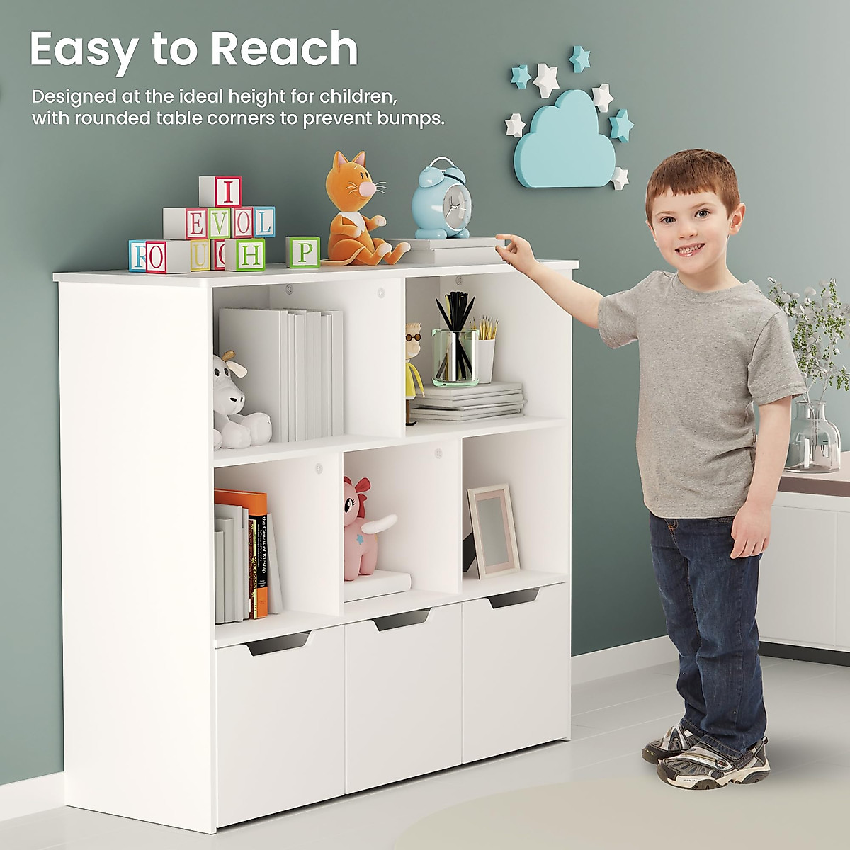 35" Kids Bookshelf with 5 Shelves & 3 Drawers,Book Shelf for Toy Storage for Kids Rooms,Toddler Toy Storage Bookshelf for Kids,Kids Book Shelf for Playing Rooms,Children's Room,School,Hallway-White