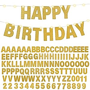 TaoBary 112 Pcs DIY Letter Banner Glitter Customizable Banner Kit Custom Banner Including 107 Letters and Numbers 3 Rope and 2 Light Decor for Birthday Party Baby Shower(Gold)