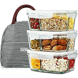 3 Pack 33.8oz Bento Box Meal Prep Glass Containers 3 Compartments with Lids Glass Food Storage Containers Glass Lunch Containers Glass Food Prep Containers with Lids Lunch Box Snack Container for Oven
