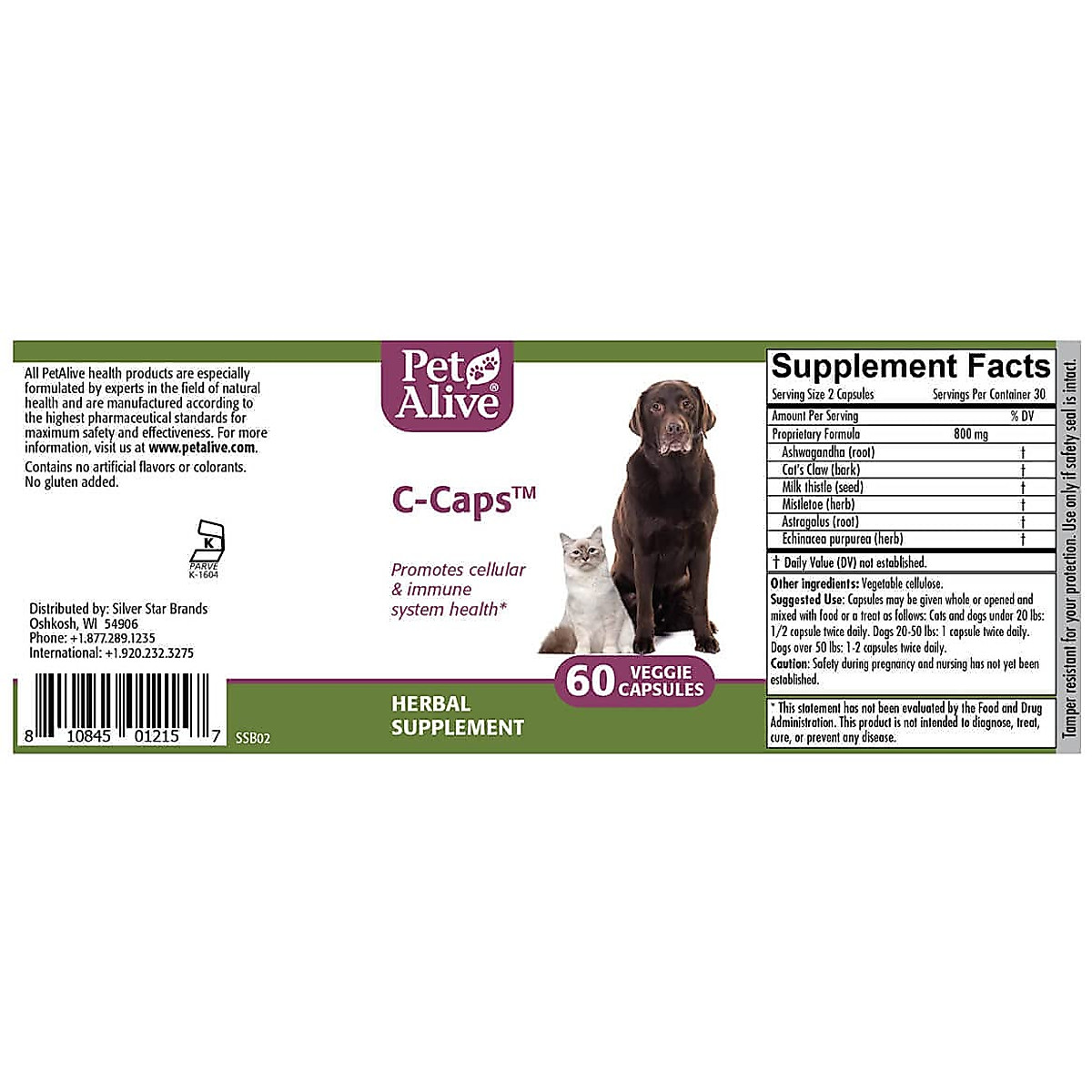 PetAlive C-Caps - All Natural Herbal Supplement Promotes Cellular and Immune System Health in Dogs and Cats - 60 Veggie Caps