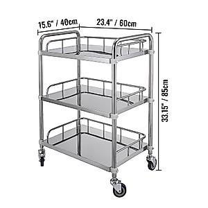 VEVOR Lab Rolling Cart 3 Shelves Shelf Stainless Steel Rolling Cart Catering Dental Utility Cart Commercial Wheel Dolly Restaurant Dinging Utility Services (23.4" x 15.6" x 33.2")