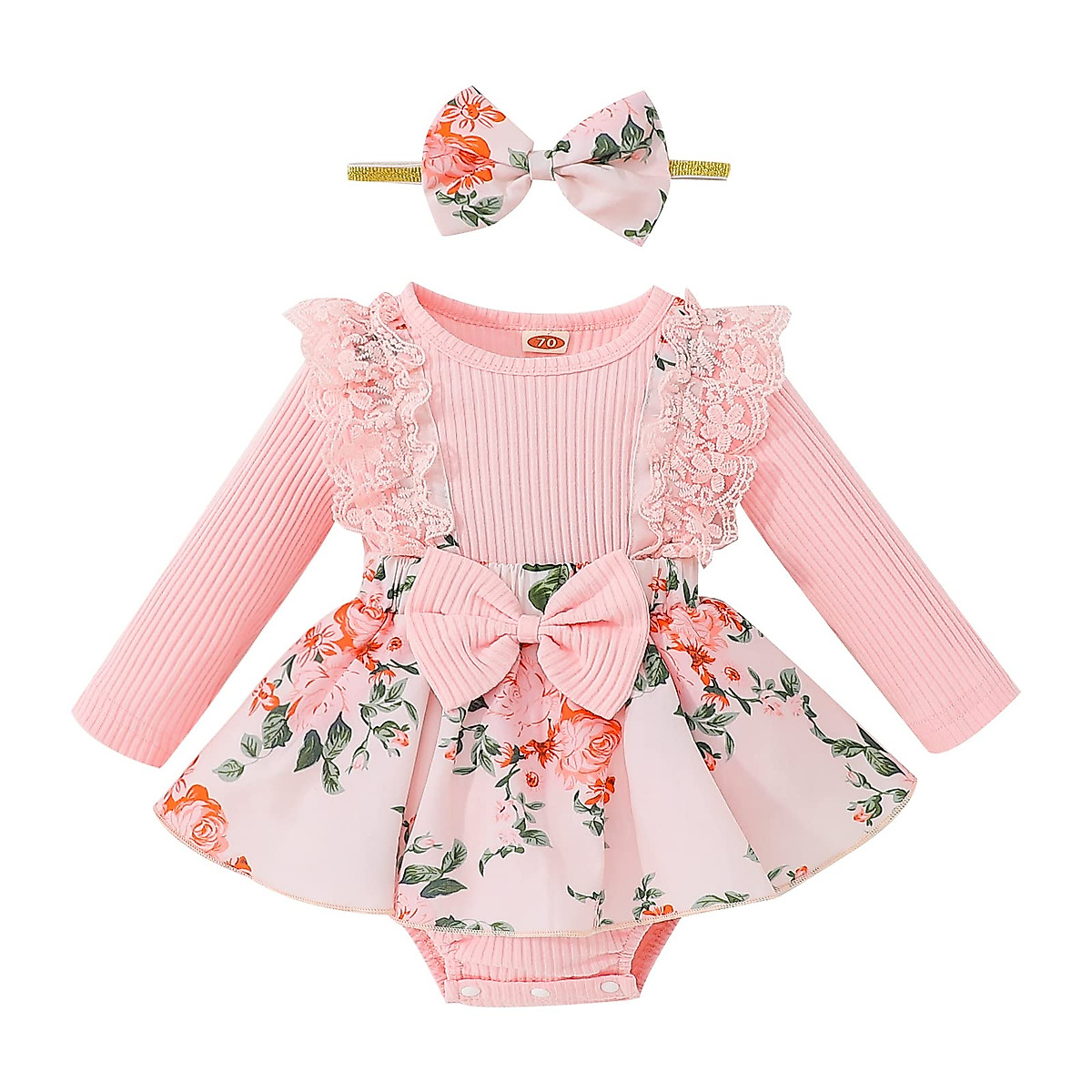 Newborn Baby Girl Ribbed Floral Suspender Dress with Headband 0 3 6 9 12 18 24 Months Fall Outfits Pink-1 0-3 Months