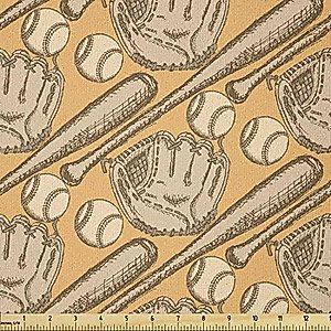 Lunarable Baseball Fabric by The Yard, Sketch Bat Gloves and Balls Vintage Design Inspirations American Sports, Stretch Knit Fabric for Clothing Sewing and Arts Crafts, 1 Yard, Orange Beige