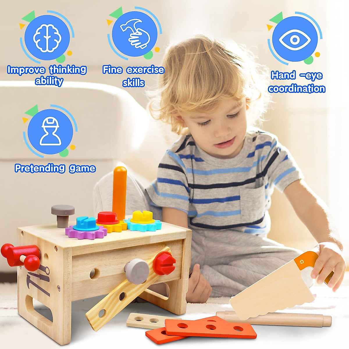 Mgtfbg Kids Tool Set - 29 PCS Wooden Toddler Tool with Box, Montessori STEM Educational Pretend Play Construction Toy for 2 3 4 5 6 Year Old Boys Girls, Best Birthday Gift