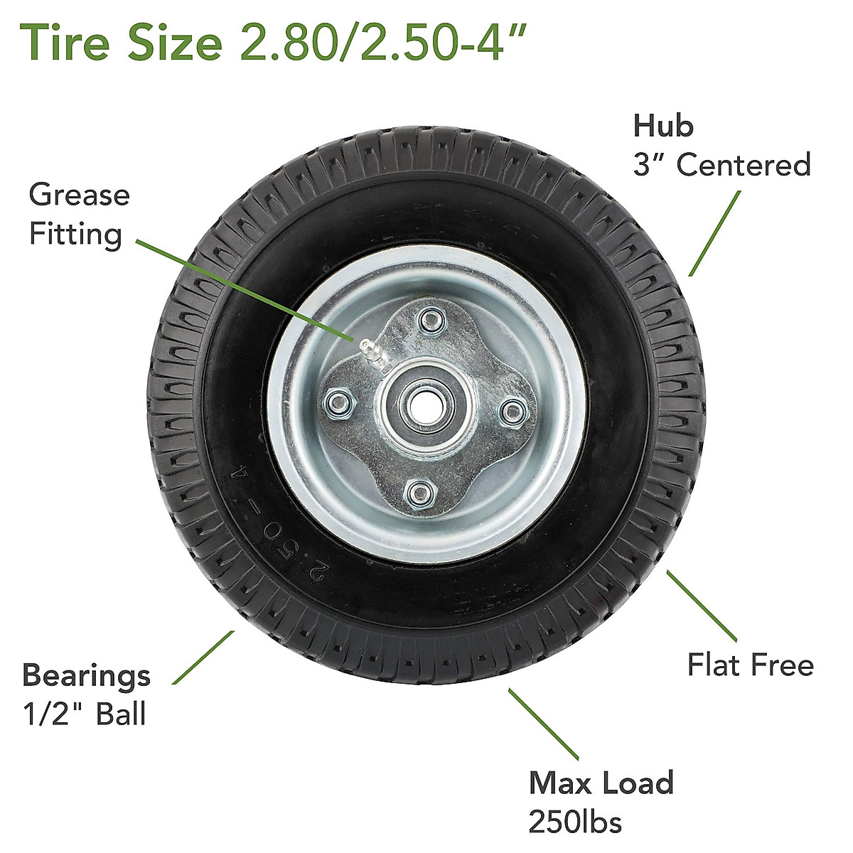 Marathon 2.80/2.50-4" Narrow Width Flat Free Hand Truck / Utility Cart Tire on Wheel, 3"Centered Hub, 1/2" Bearings