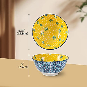 Porcelain Soup Cereal Bowls Set - Ceramic Bowls for Kitchen 23 oz - 6 Colorful Patterned Cute Bowl Sets - 6 Inch Deep Bowls for Oatmeal | Oat | Noodle | Breakfast - Dishwasher and Microwave Safe
