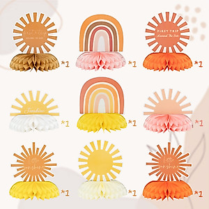 G1ngtar 9Pcs Boho Sun Honeycomb Centerpieces Table Toppers Hippie Rainbow Muted Sun Table Decor First Trip Around the Sun Birthday Party Decoration Baby Shower Supplies for Baby Boys Girls