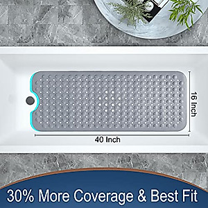 Yimobra Original Bath Tub Shower Mat Extra Long 16 x 40 Inches, Non-Slip with Drain Holes, Suction Cups, Machine Washable, Phthalate Free, Latex Free, BPA Free, Bathroom Mats, Gray