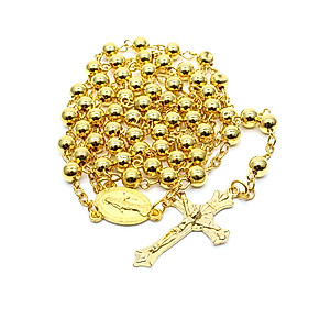 Surakey Catholic Pearl Beads Rosary Necklace Metal Beaded Miraculous Medal & Cross Rosary Copper Necklace Pendent Christians Religious Communion Baptism Mass Bible for Women (Gold)