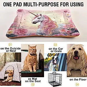 Kigai Unicorn Flowers Pet Bed Mat, Soft Cozy Crate Pet Mattress, Anti-Slip Bottom Machine Washable Pet Mat for Dog Sleeping