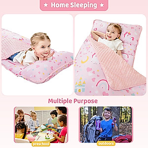 Viviland Toddler Kid Nap Mat for Preschool, Girls Pink Princess Slumber Bag, Daycare Sleeping Bag with Pillow and Blanket, Kindergarten Sleep Mat