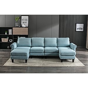 kevinplus 108'' Sectional Sofa Couch L-Shape with Chaise Lounge & Convertible Chaise Ottoman for Living Room, Modern U-Shape Sofa Couch with Solid Wooden Legs for Office Apartment Studio, Light Blue