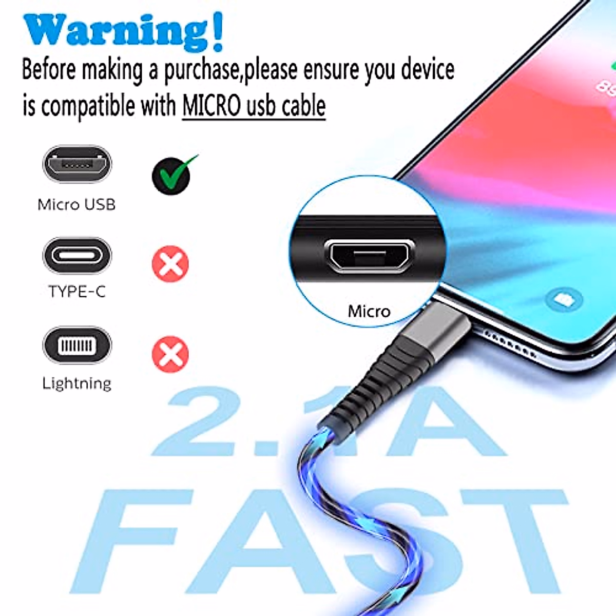 Oliomp Micro USB Cable 3FT, Fast Charging Android Charger LED Light Up Phone Charger Cord for Huawei Mate SE, Samsung Galaxy S7/S6/J7,LG,HTC,Sony,Moto,Kindle,PS4 and More