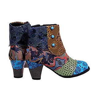 XRCQCAD Women's Ankle Boots Retro 3D Embroidered Print Pointed Toe Chunky Heel Wellington Slip On Cowgirl Western Snow Boots