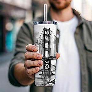 Sketch Of Golden Gate Bridge San Francisco California Skinny Tumbler 20oz with Straw Insulated Water Bottle Gift