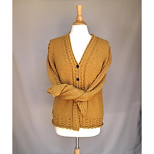 Mustard Gold Cardigan Sweater with Cable Design, Hand Knit, Merino Wool Acrylic, Womens size M L, Long Sleeves, Button Front, Basic Cardi