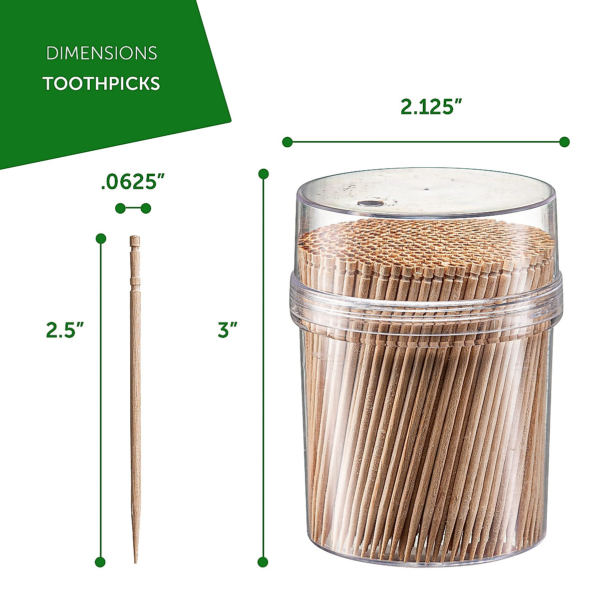 2500 Count Wooden Toothpicks + Reusable Holder Container | Sturdy Smooth Finish Bamboo Tooth Picks | Cocktail Picks | Toothpicks For Appetizers | Toothpicks Wood