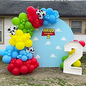 Toy Inspired Story Balloon Garland Kit Cow Pattern Printed Blue Yellow Red Green Latex Balloons for Kids Birthday Party, Kids Toy Inspired Story Theme Birthday Party Supplies Decorations