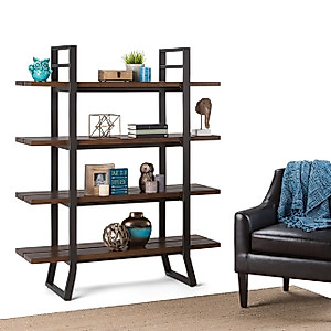 SIMPLIHOME Adler SOLID WOOD and Metal 66 inch x 54 inch Modern Industrial Bookcase in Light Walnut Brown with 4 Shelves, for the Living Room, Study and Office