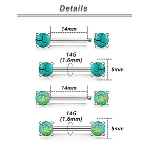 Yaalozei 14G Nipple Rings Piercing Jewelry for Women 14 Gauge Stainless Surgical Steel Green Turquoise Straight Nipplerings Nipple Barbell Bar Piercing Jewelry for Women 14mm