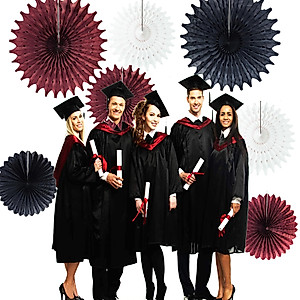 Graduation Decorations Maroon Black 2024/Burgundy Black Graduation Party Decorations/Burgundy White Black Tissue Paper Fans for Maroon Black Birthday Party Bridal Shower/Maroon Graduation Decorations