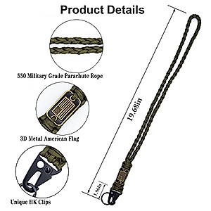 2 Pcs Heavy Duty Braided Paracord Lanyard Keychain with USA Flag, Parachute Rope Necklace Keychains, Braided Strong Lanyard with Metal HK Clip Key Ring for Outdoor Activities, Camera, Traveling