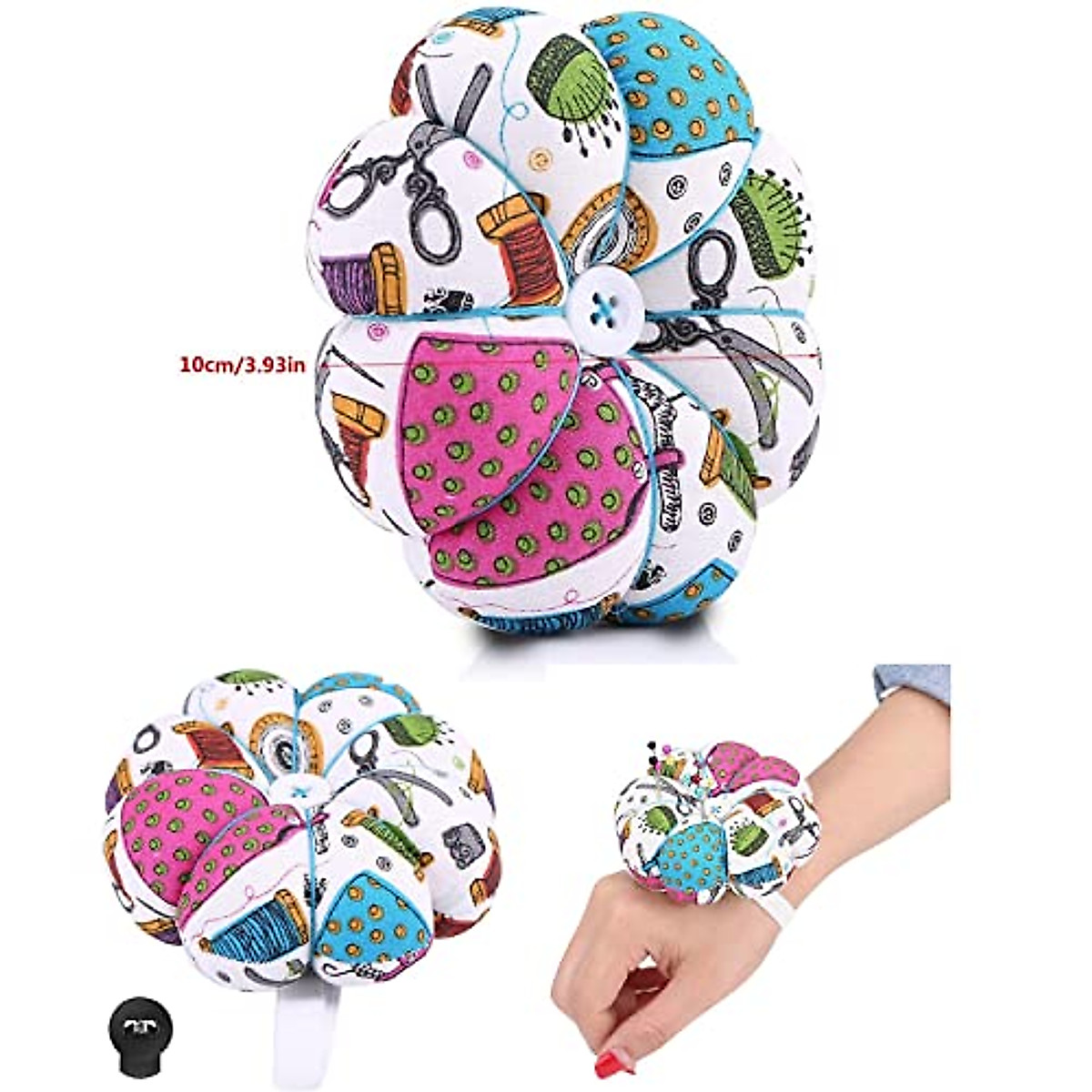 104PCS Pin Cushion for Sewing Kit Wrist Pin Cushion Pumpkin Pad with Elastic Wrist Belt 100 Straight Sewing Pins Wood Base Magnetic Needle Pin pad 60’‘ Pocket Measuring Sewing Products for DIY